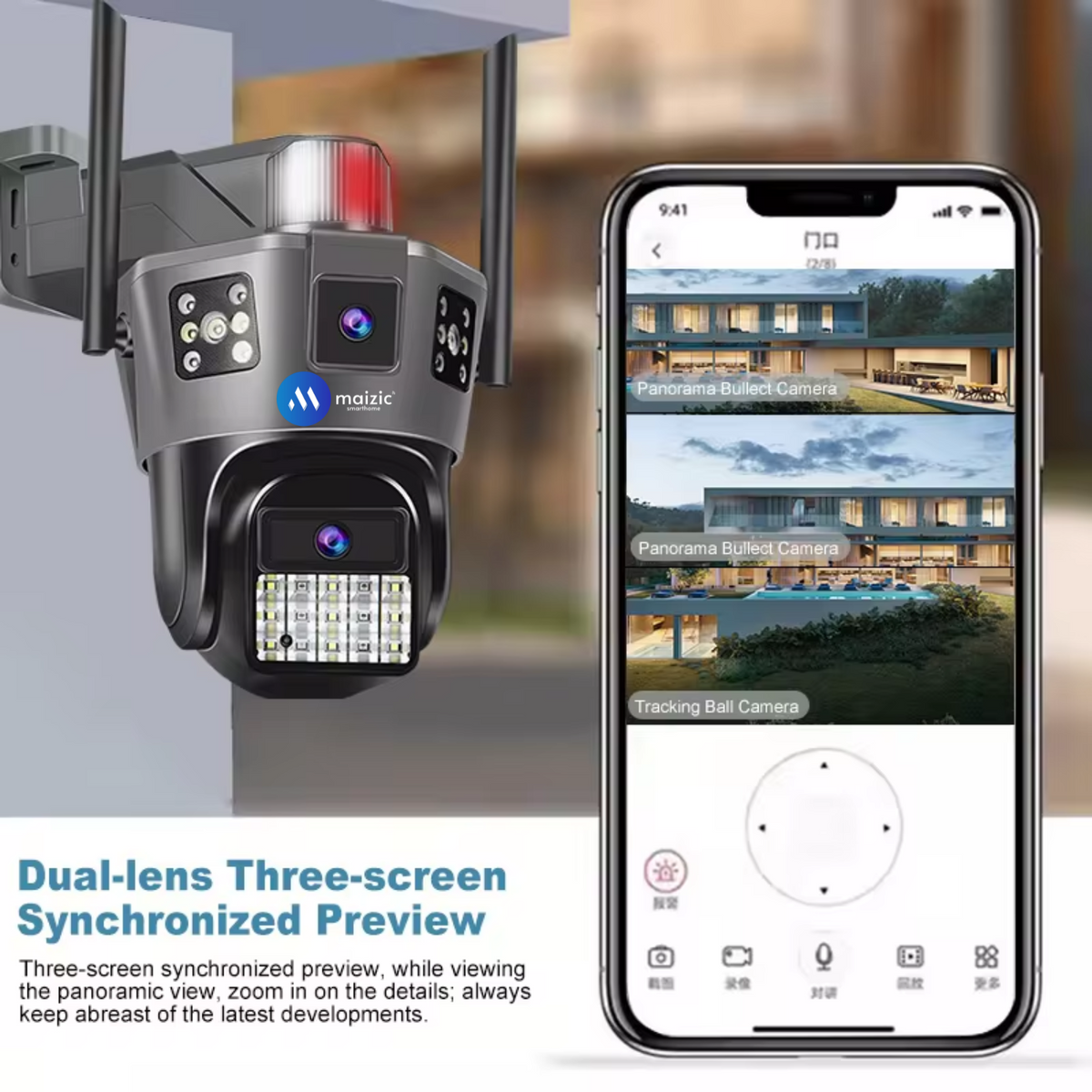 Tricam 360° Outdoor CCTV 2K 6+6 MP 2Lens+3 Screens Bullet + Pan/Tilt H – maizic