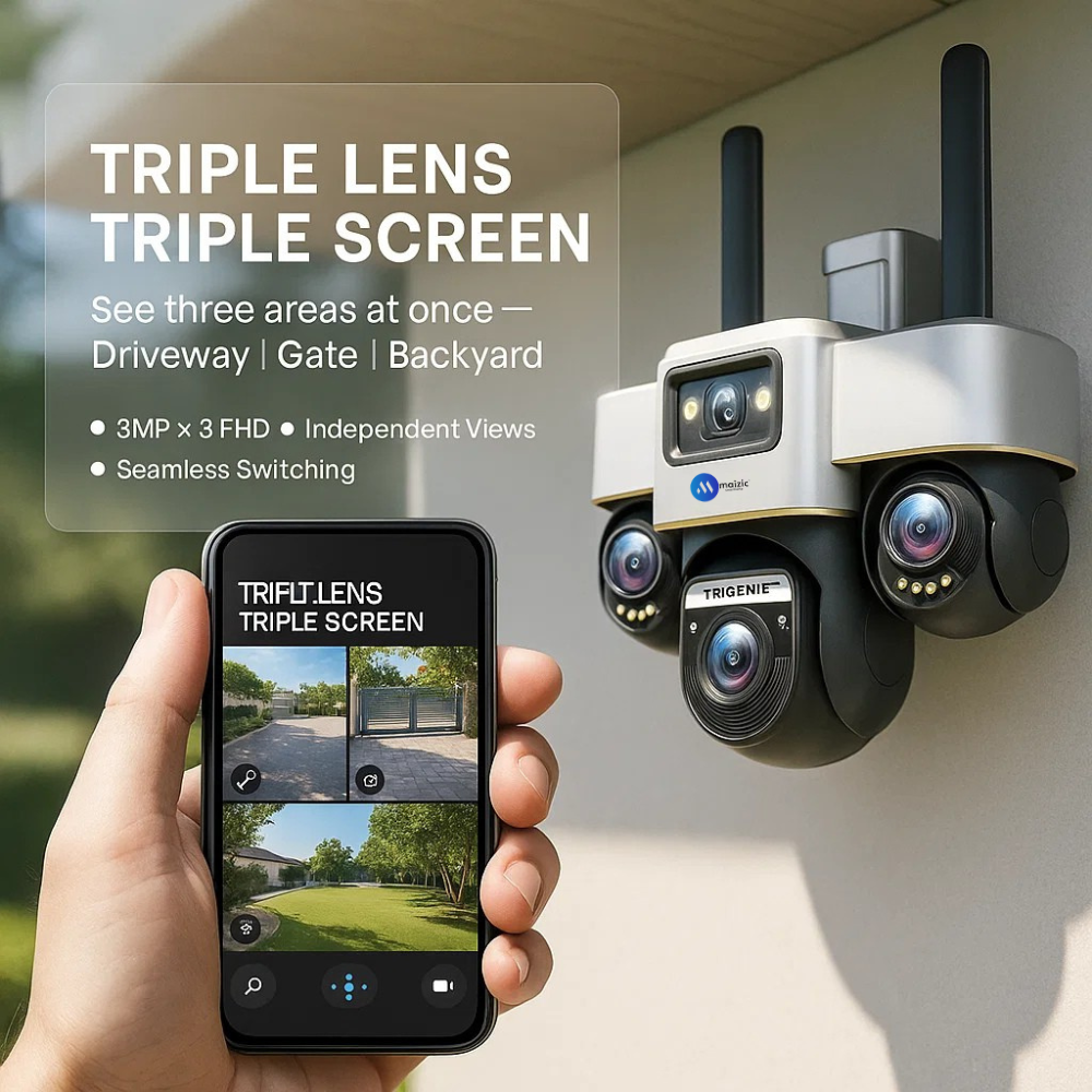 Maizic TRIGENIE 4G Triple Lens Outdoor Security Camera – Black 360° AI ...